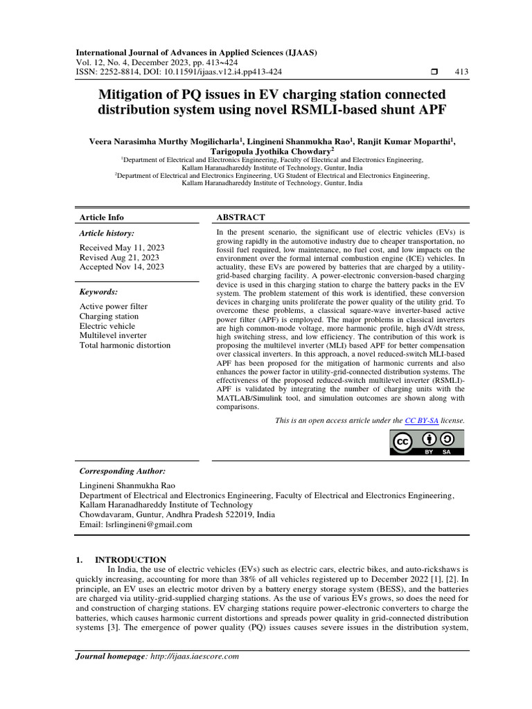 Mitigation of PQ Issues in EV Charging Station Connected Distribution System Using Novel RSMLI ...