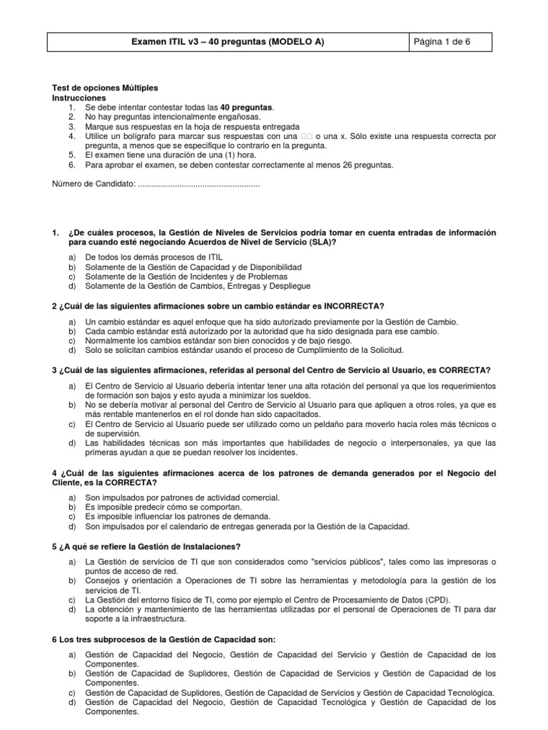 Examen ITIL V3 40 Preg | PDF | Itil | Proceso de desarrollo de software Examen ITIL V3 40 Preg | PDF | Itil | Proceso de desarrollo de software