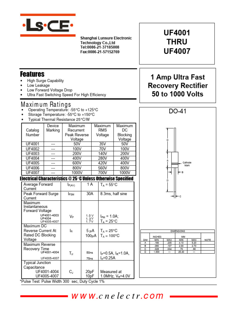 Uf4001 Uf4007 | PDF | Voltage | Rectifier