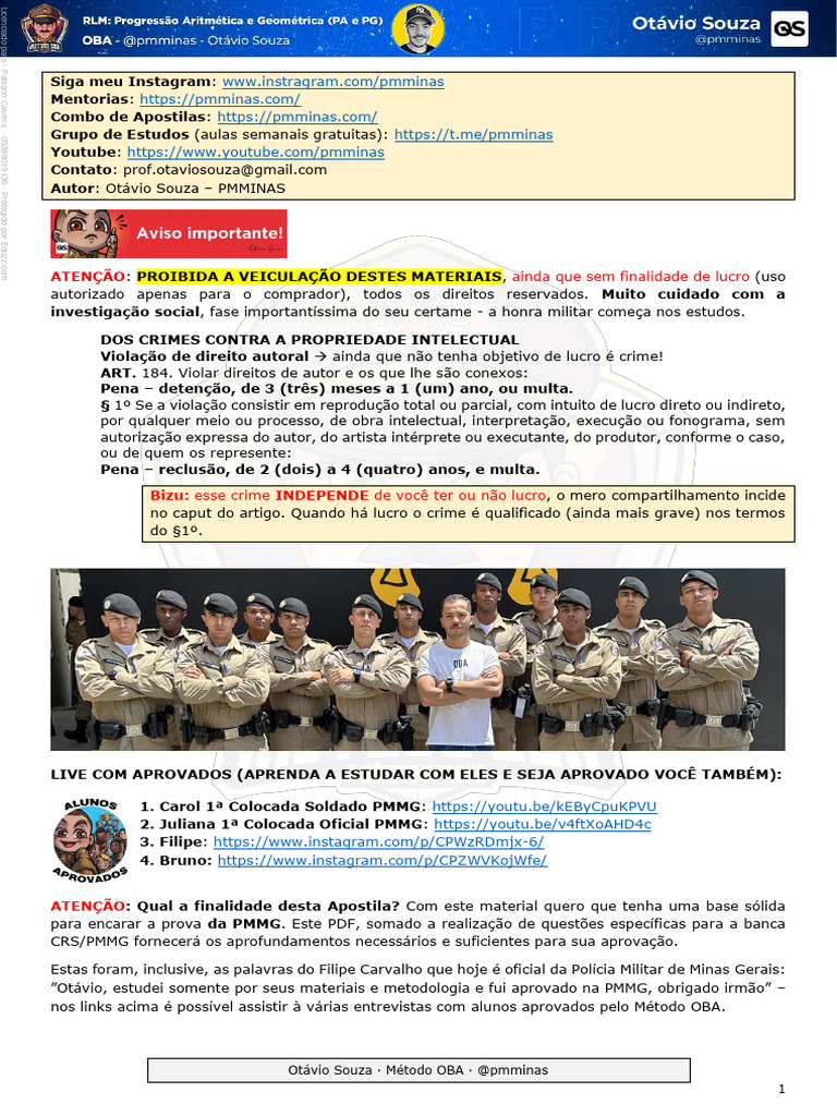 06 Apostila Teorica RLM Progressao Aritmetica e Geometrica Metodo Oba at Pmminas Otavio Souza | PDF