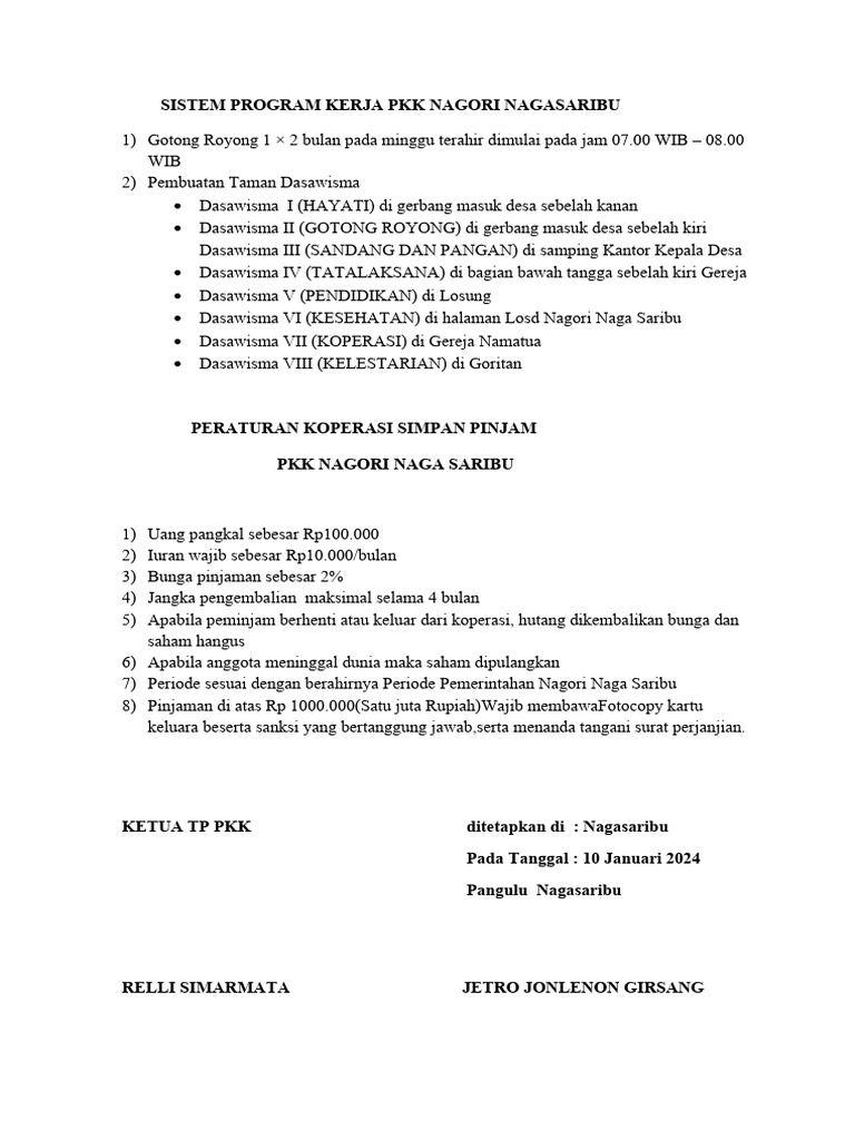 Contoh Program Kerja PKK Nagasaribu 2024[1] | PDF