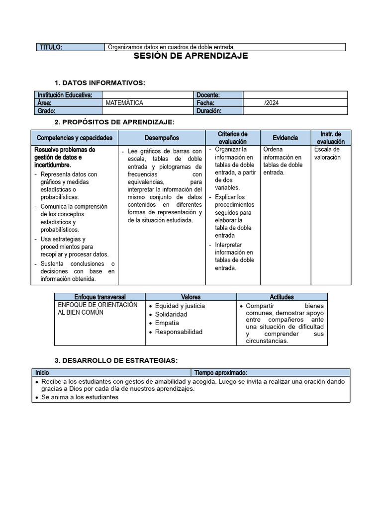 SESION DE APRENDIZAJE MATEMATICA CUADROS DE DOBLE ENTRADA | PDF | Evaluación | Aprendizaje