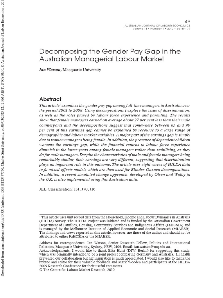 Decomposing The Gender Pay Gap in The Australian Managerial Labour Market | PDF | Gender Pay Gap ...