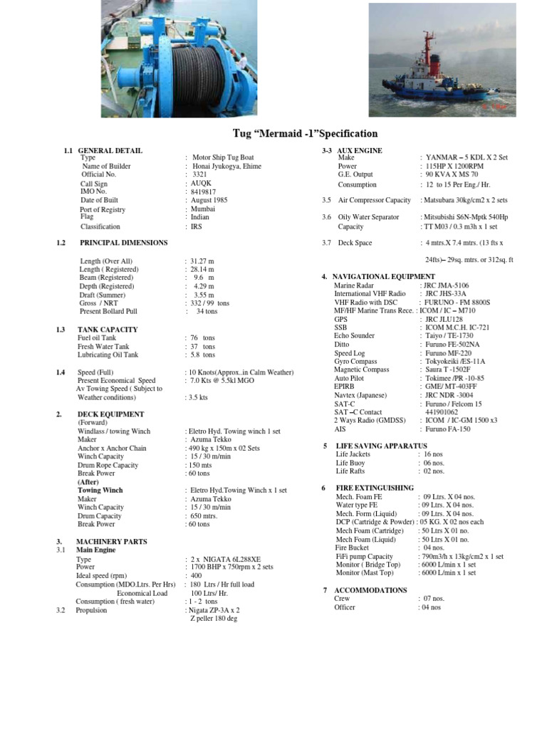 TUG MERMAID-1 TECHNICAL SPECIFICATION Latest | PDF | Shipping | Water ...