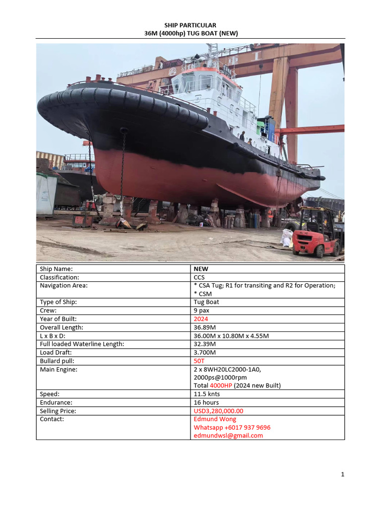 36M (4000hp) NEW Tug Boat Ship Particular (USD3.28M) | PDF