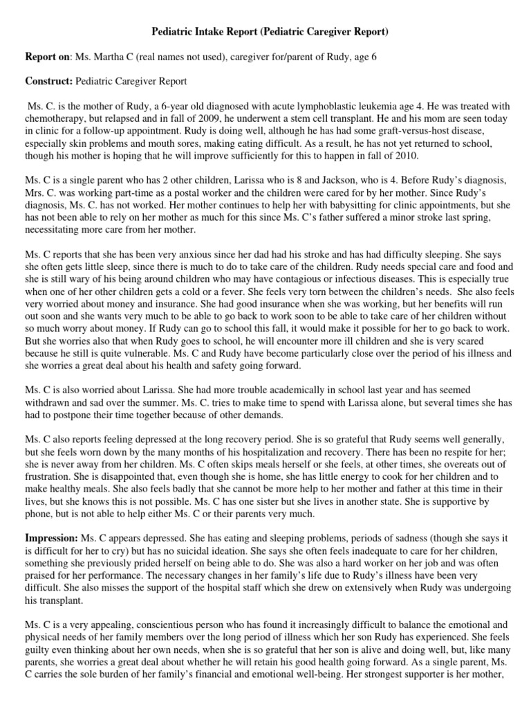 Pediatric Intake Report | PDF | Mental Health | Caregiver