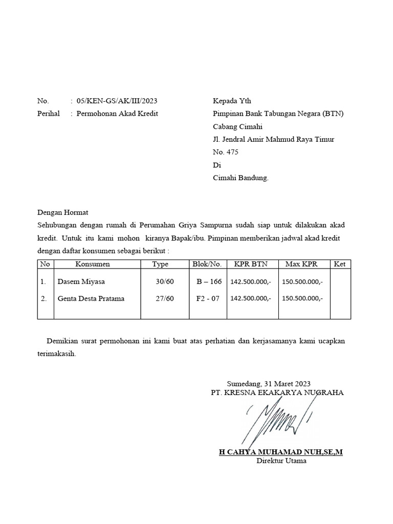 Permohonan Akad Kredit Rumah BTN | PDF