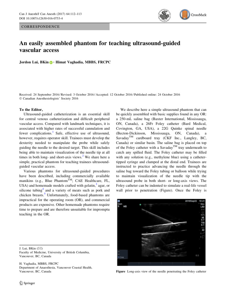 An Easily Assembled Phantom For Teaching Ultrasound-Guided Vascular ...