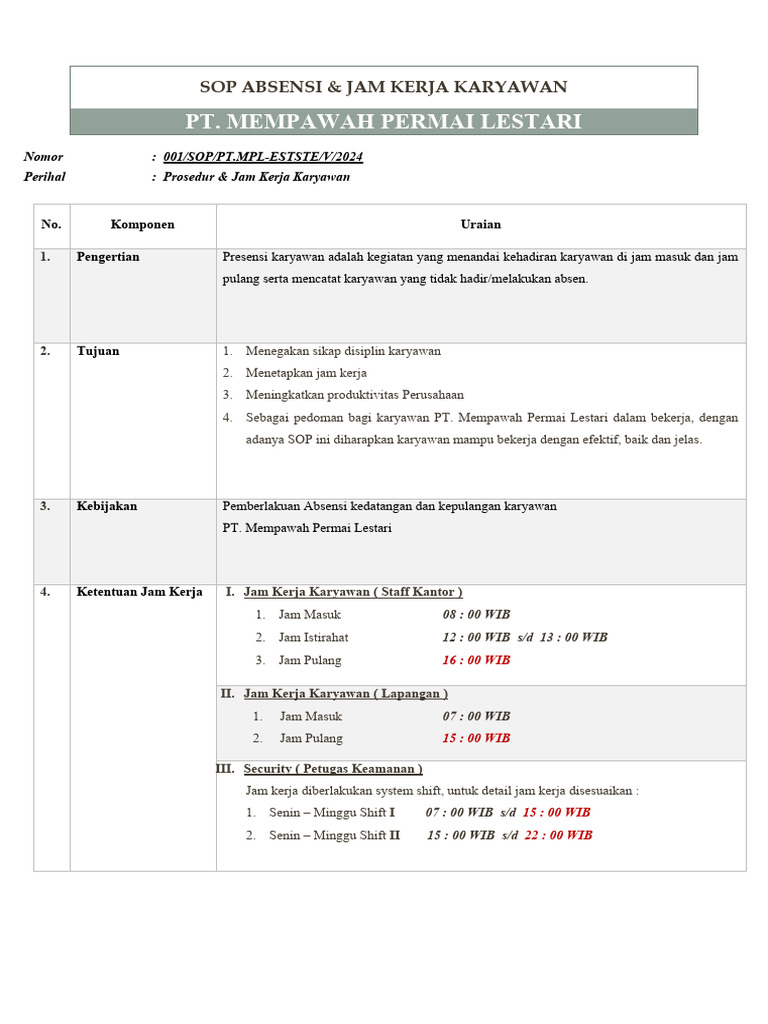 SOP Absensi & Jam Kerja Karyawan | PDF