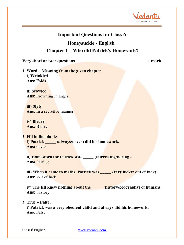 Important Questions Class 6 English Honeysuckle Chapter 1 | PDF ...