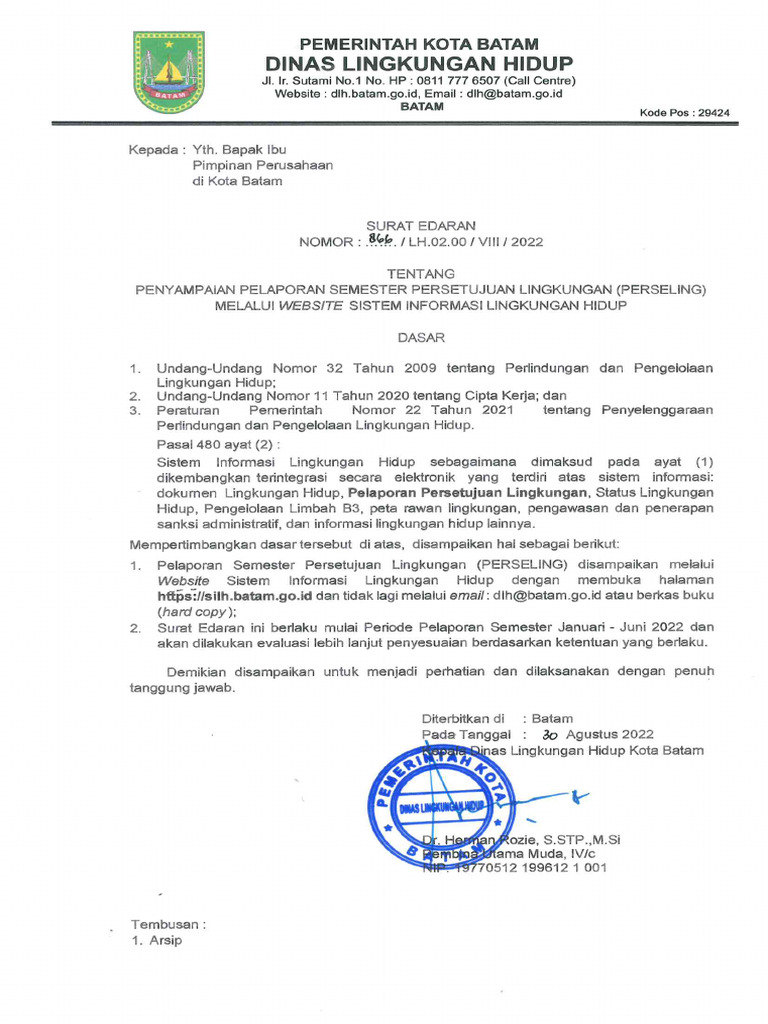 Envi Surat Edaran E-DLH Batam 2022 No. 866 - Penyampaian Laporan ...