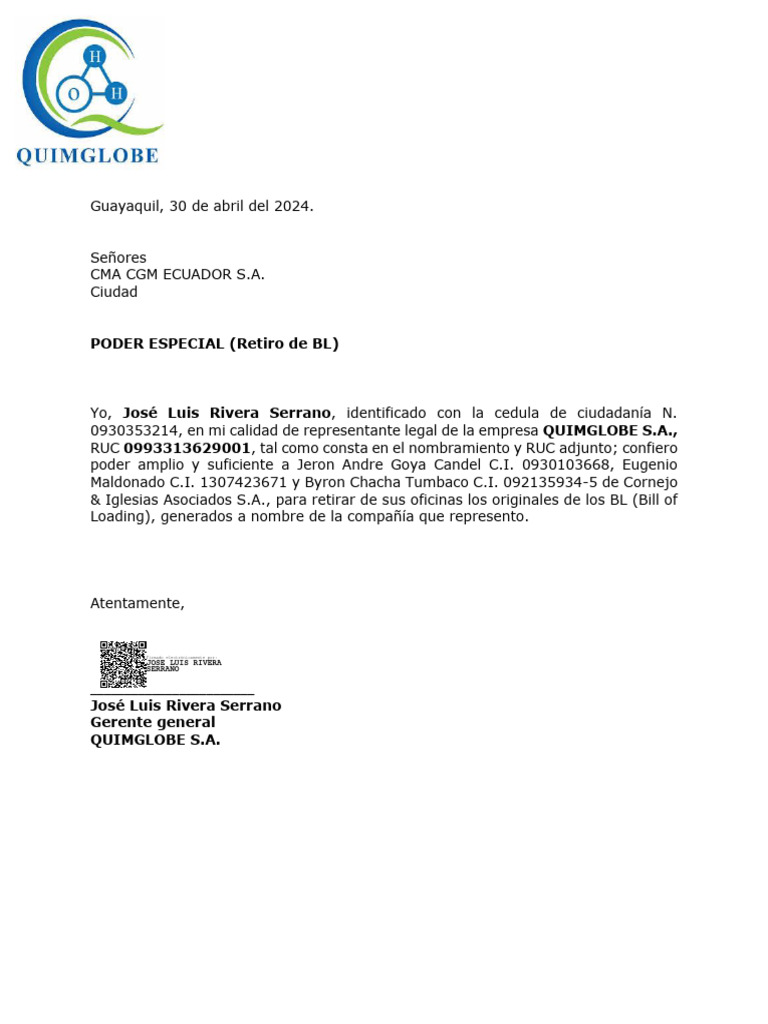 Carta de Autorizacion Formato Carta Anual CMA - QUIMGLOBE-signed | PDF