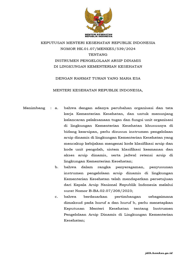 KMK No. HK.01.07-MENKES-539-2024 TTG Instrumen Pengelolaan Arsip Dinamis Di Lingkungan Kemenkes ...