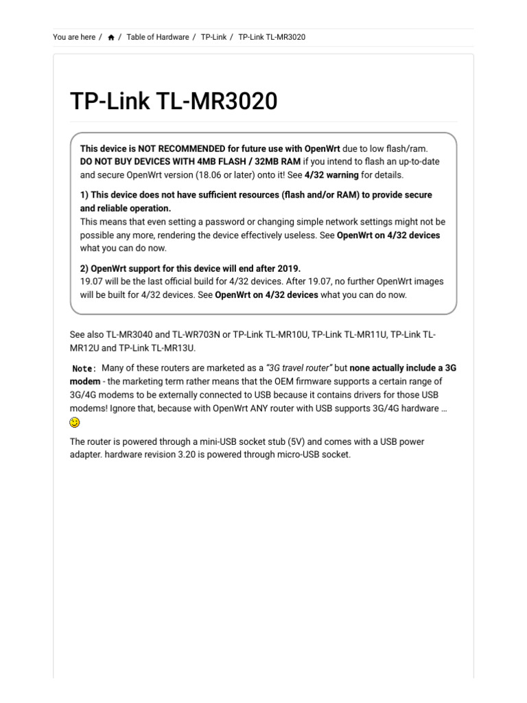 (OpenWrt Wiki) TP-Link TL-MR3020 | PDF | Booting | Computer Network