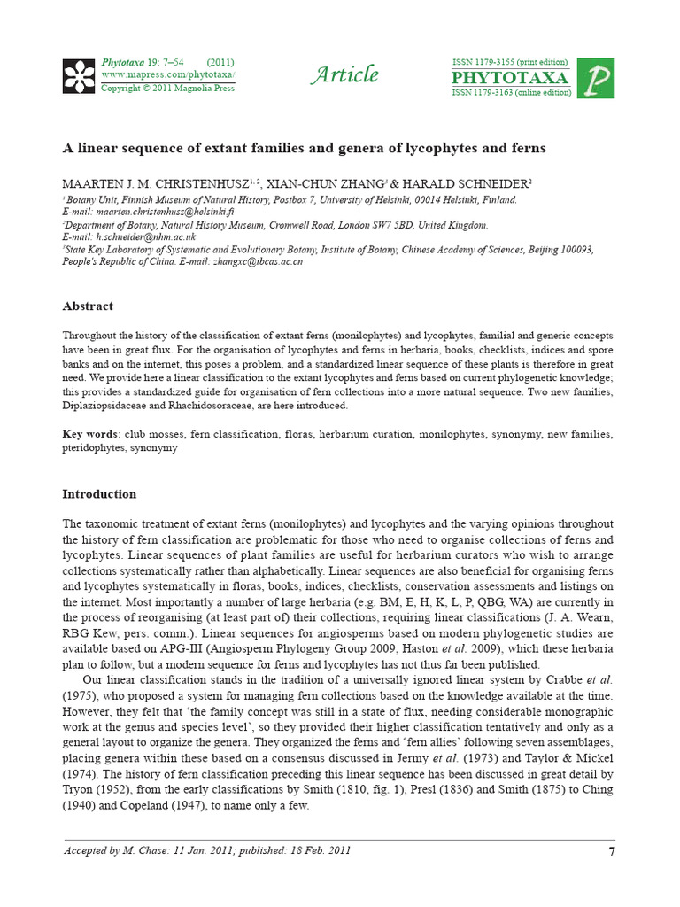 A Linear Sequence of Extant Families and Genera of Lycophytes and Ferns ...
