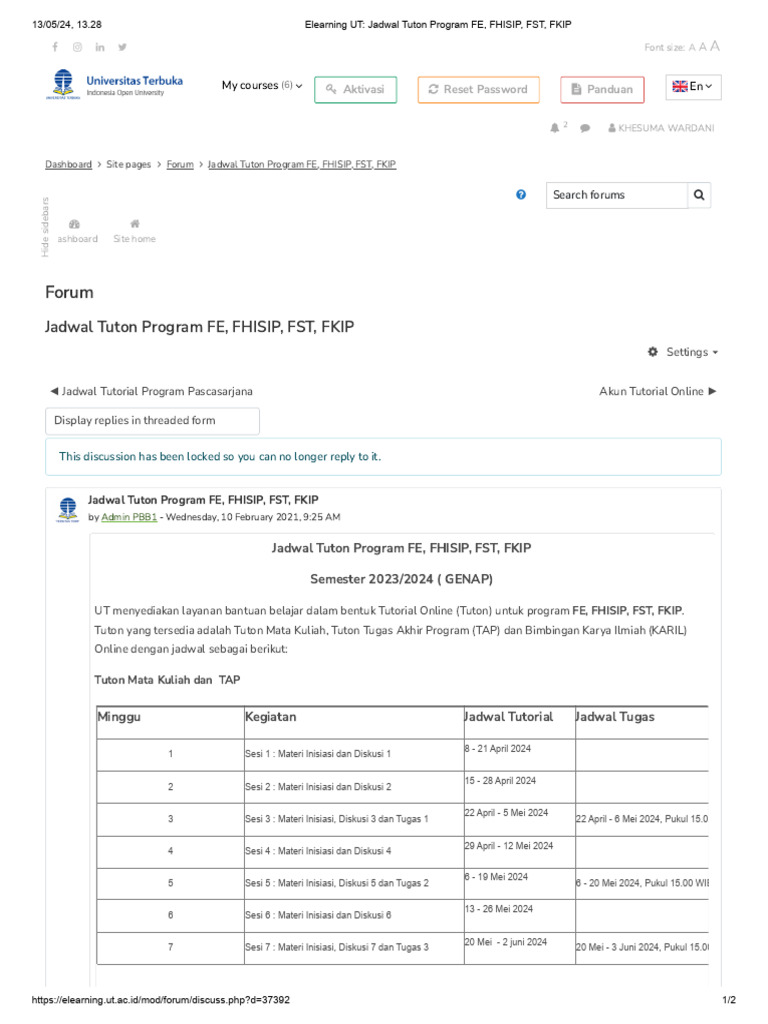 Jadwal Tuton FE, FHISIP, FST, FKIP | PDF