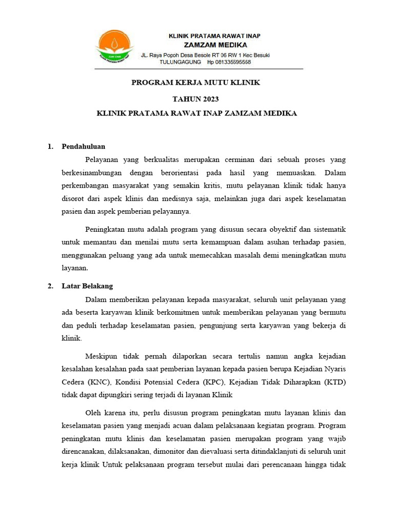 Program Kerja Mutu Klinik 2023 | PDF