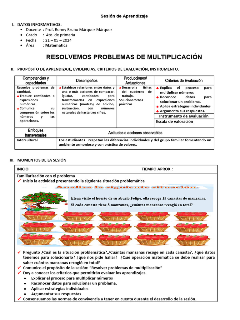Sesion de Aprendizaje Problemas de Multiplicacion | PDF | Evaluación | Aprendizaje