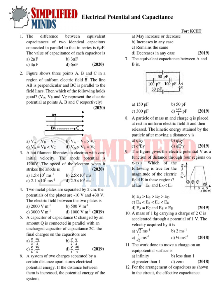 2.electrostatic Potential and Capacitance KCET PYQs | PDF | Capacitor | Capacitance