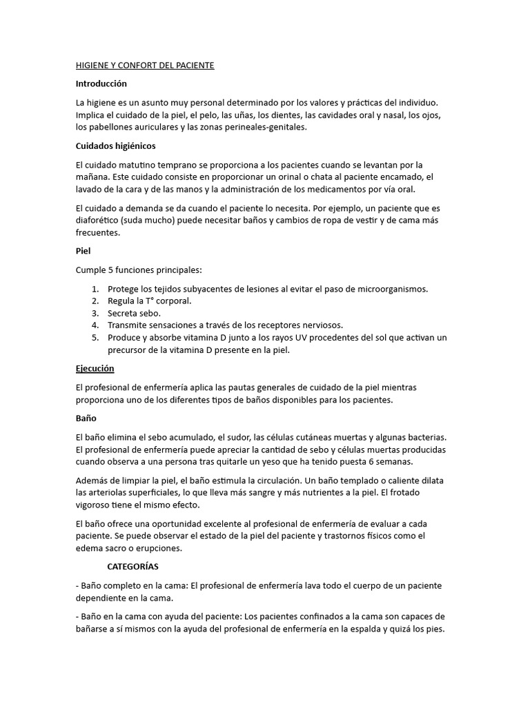 Higiene y Confort Del Paciente | PDF | Baños | Piel