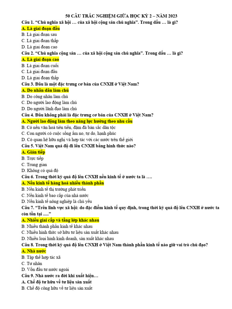 GDCD 11 50 Cau TN Giua HK2 | PDF