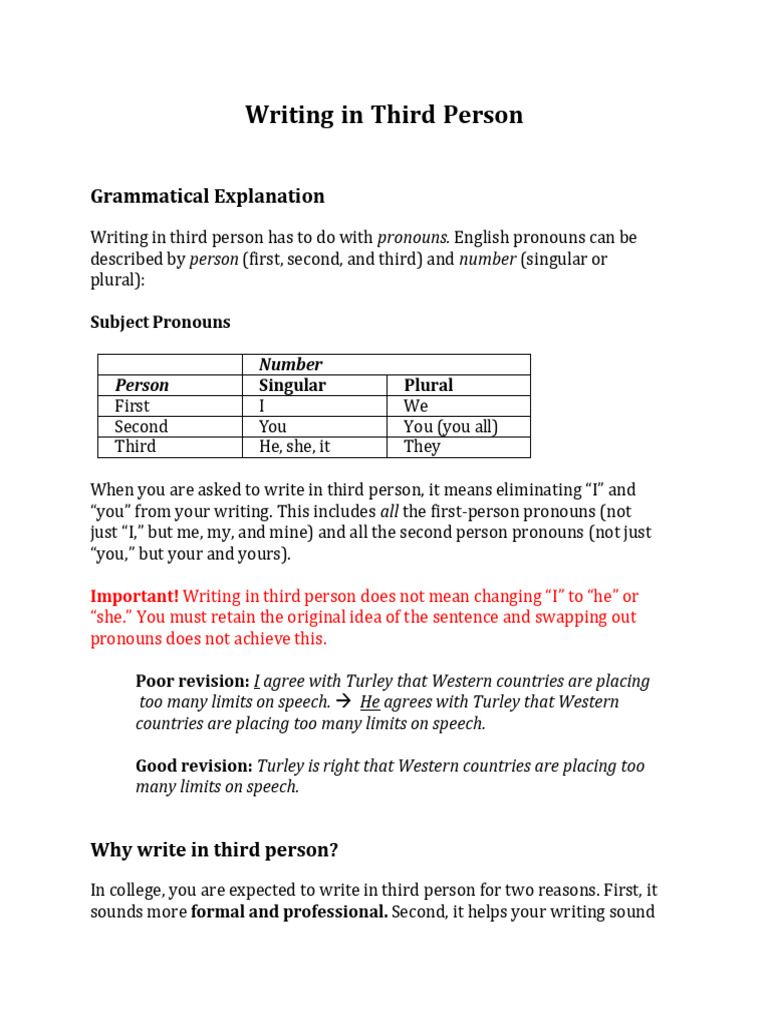 Writing in Third Person | Download Free PDF | Grammatical Number | Pronoun