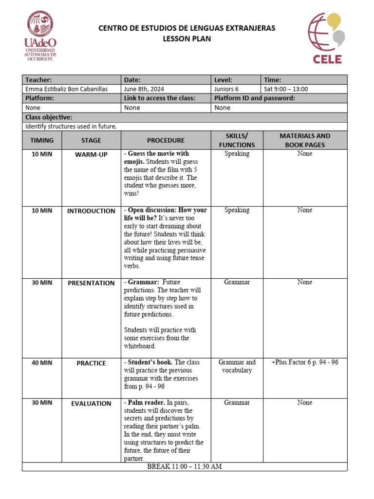 Future Tenses Lesson Plan for Juniors | PDF | Lesson Plan | Human ...