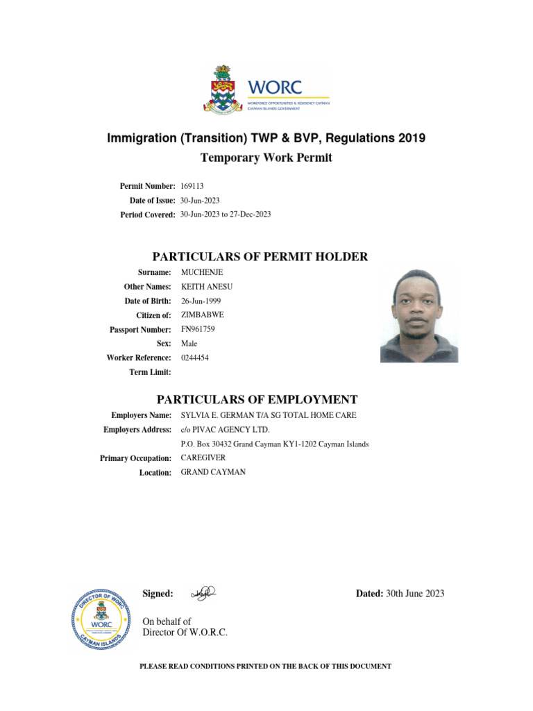 Temporary Work Permit Details | PDF | Temporary Work | Cayman Islands
