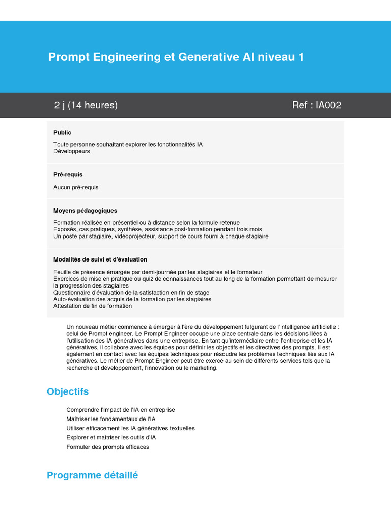 Programme Prompt Engineering Et Generative AI Niveau 1 | PDF | Intelligence artificielle ...