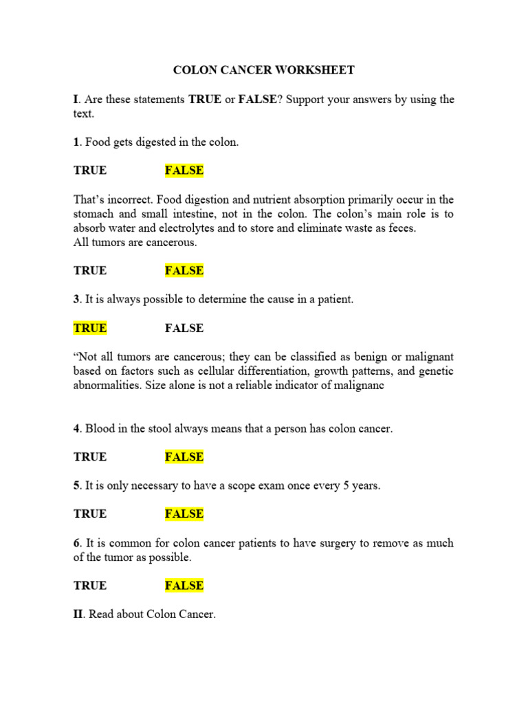 Colon Cancer Worksheet | PDF | Colorectal Cancer | Cancer