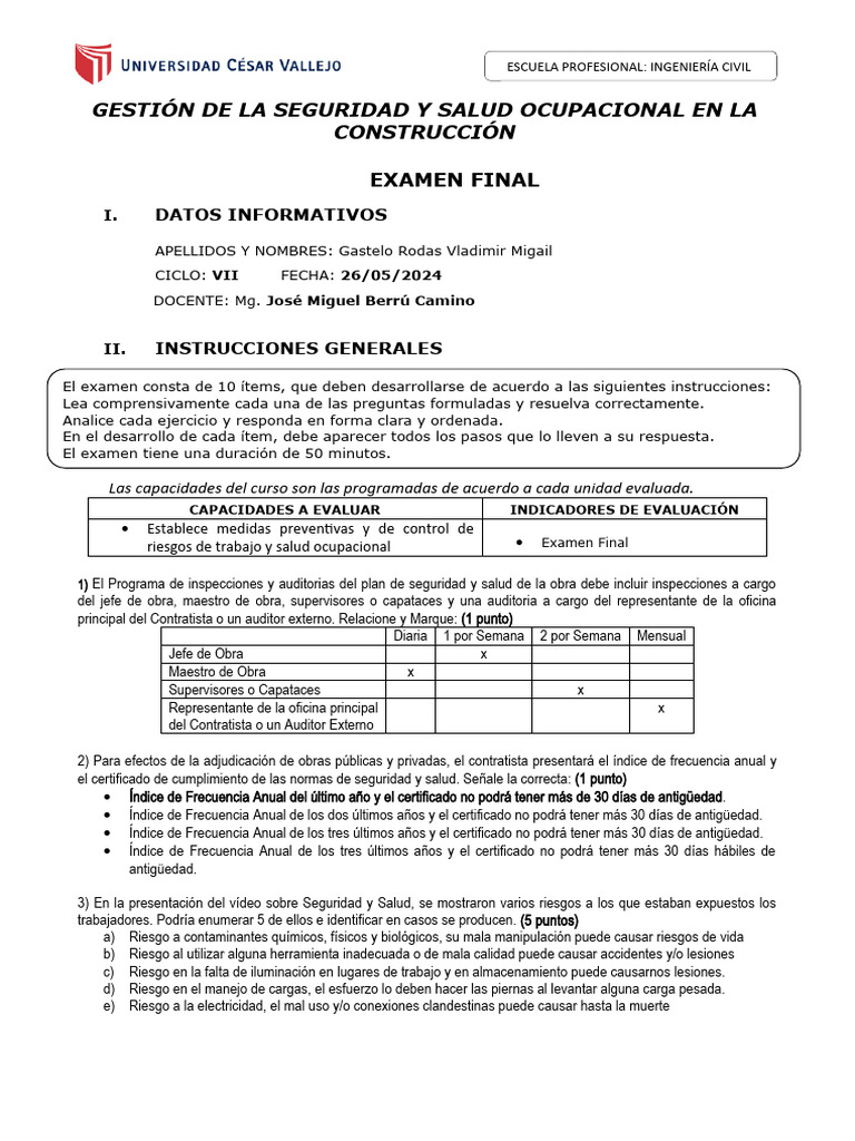 Examen Final 2024 I, GSSO | PDF | Seguridad y salud ocupacional