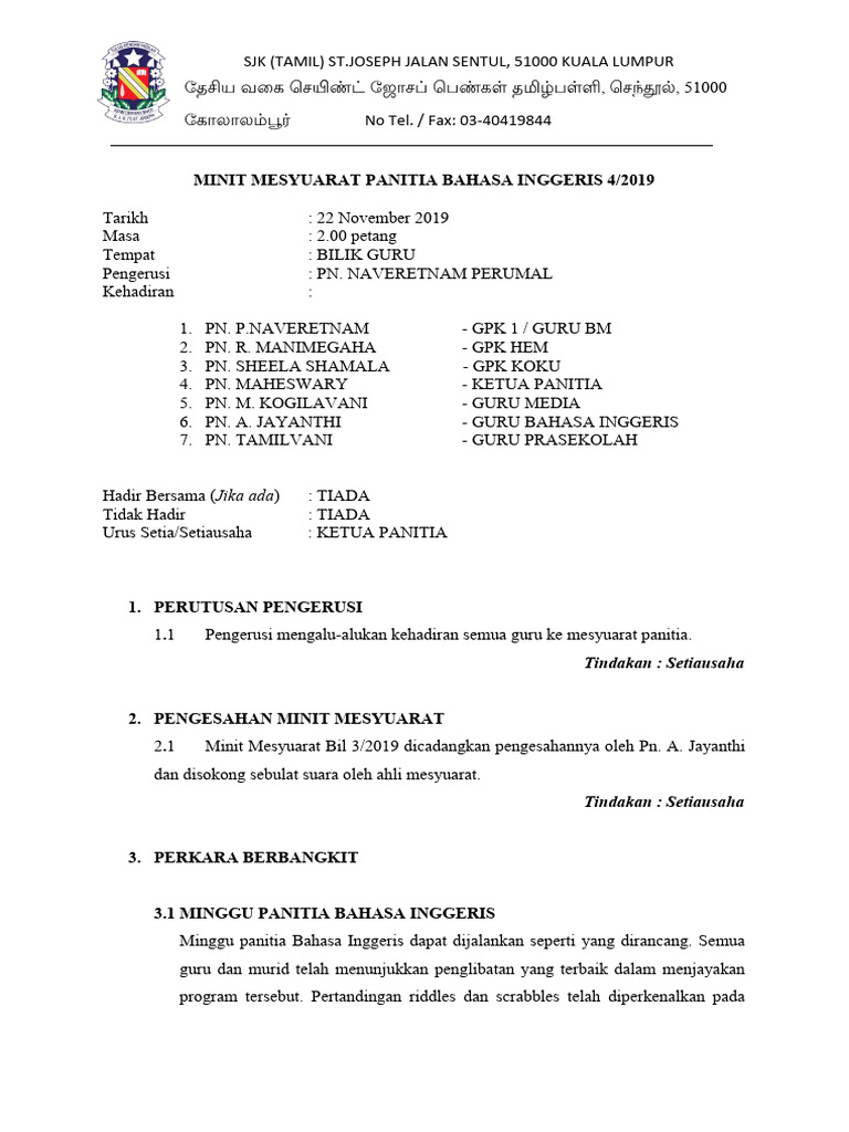 MINIT MESYUARAT PANITIA BI 4 2019 | PDF