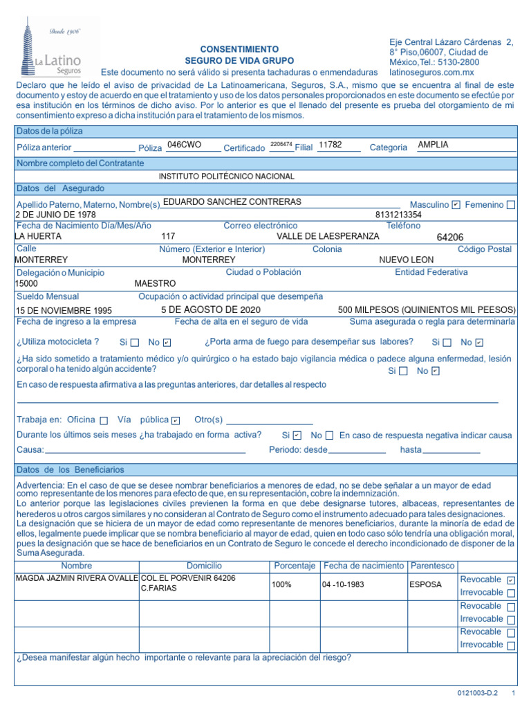 FORMATO PARA IMPRIMIR SEGURO DE VIDA GRUPO 2 (1) | Descargar gratis PDF | Póliza de seguros | Seguro
