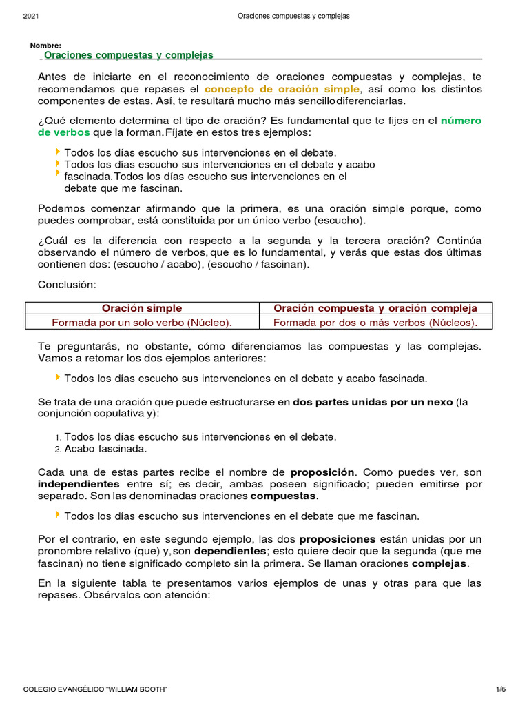 2 Oraciones Compuestas y Complejas Práctica | Descargar gratis PDF ...