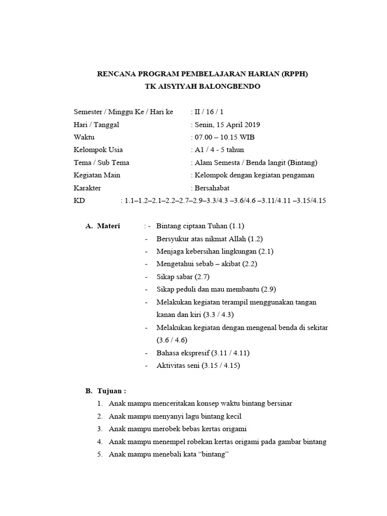 RPPH Tema Bintang untuk Anak TK | PDF