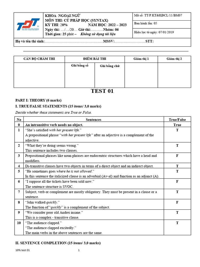 Syntax G06 Test 01 1 Download Free Pdf Clause Sentence