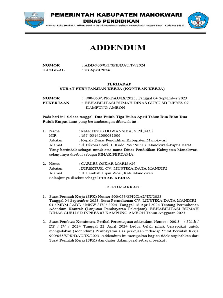 Addendum Kontrak Rehabilitasi Rumah Dinas | PDF