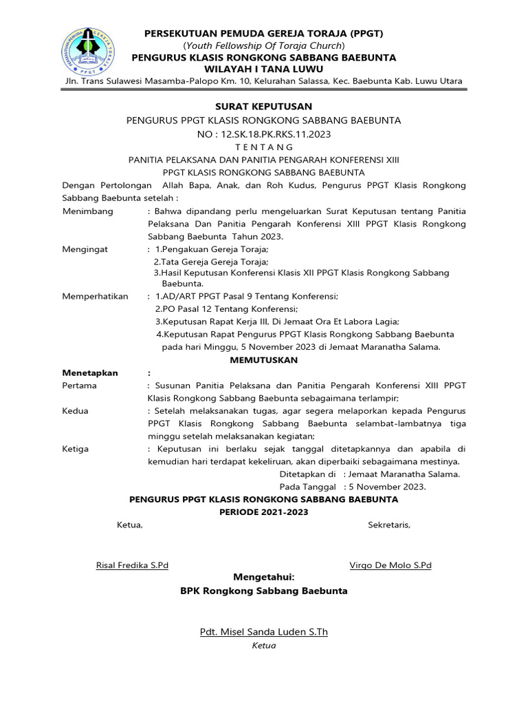Surat Keputusan Panitia Pelaksana Dan Panitia Pengarah Konferensi XIII ...