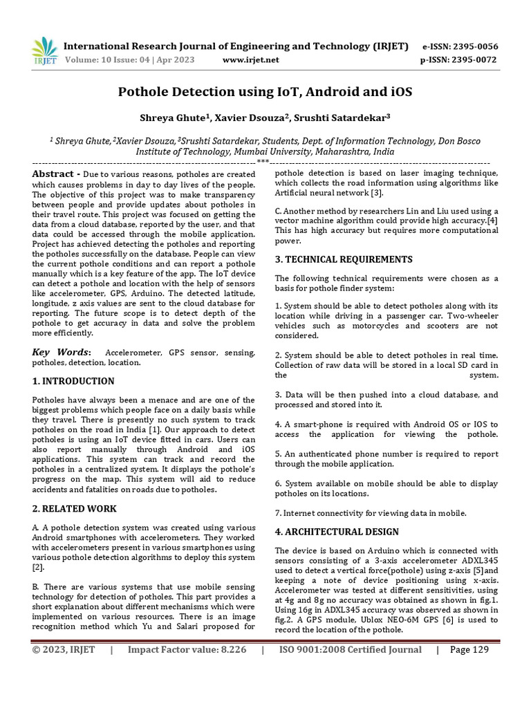 Pothole Detection Using IoT Android and | PDF | Internet Of Things ...