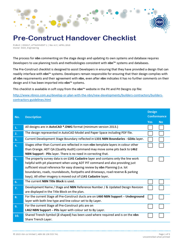 NBN-COO-EDS-017 Attachment 1 Pre-Construct Handover Checklist Revision 4.0 2018 | PDF ...
