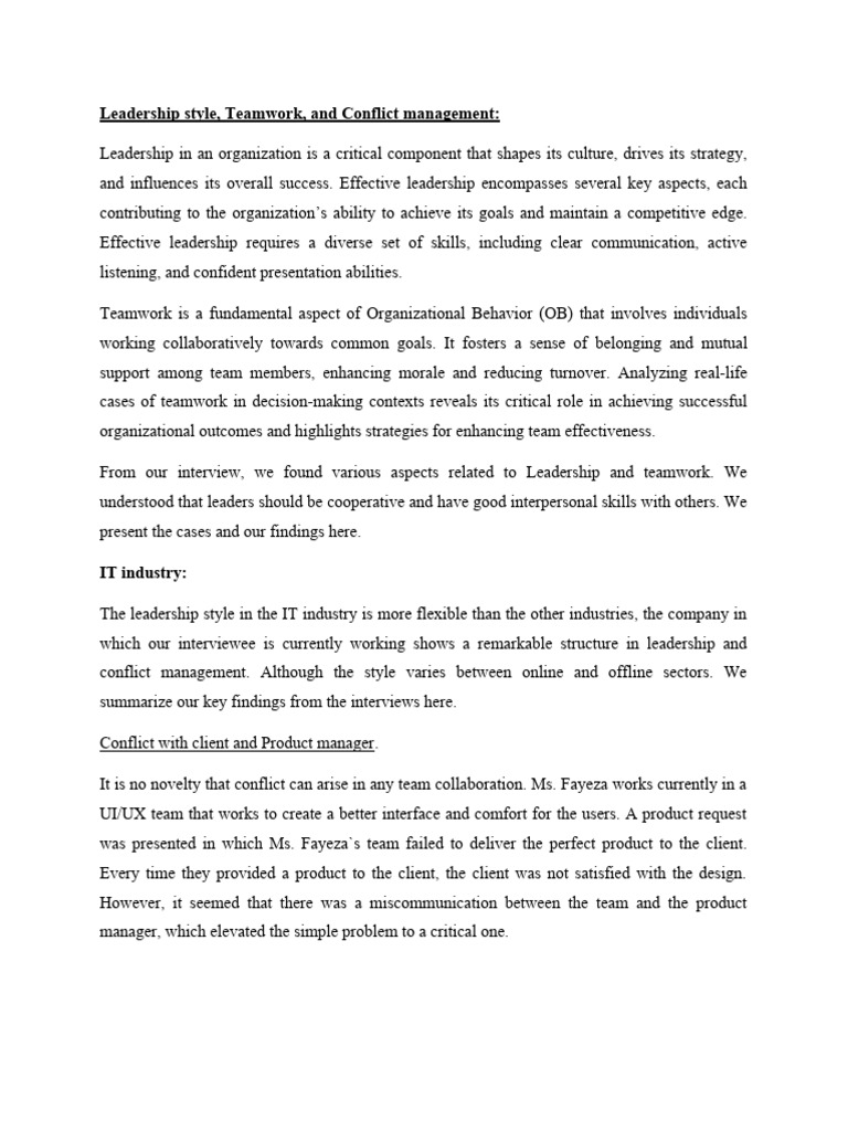 Leadership Style, Teamwork, and Conflict Management | PDF | Leadership ...