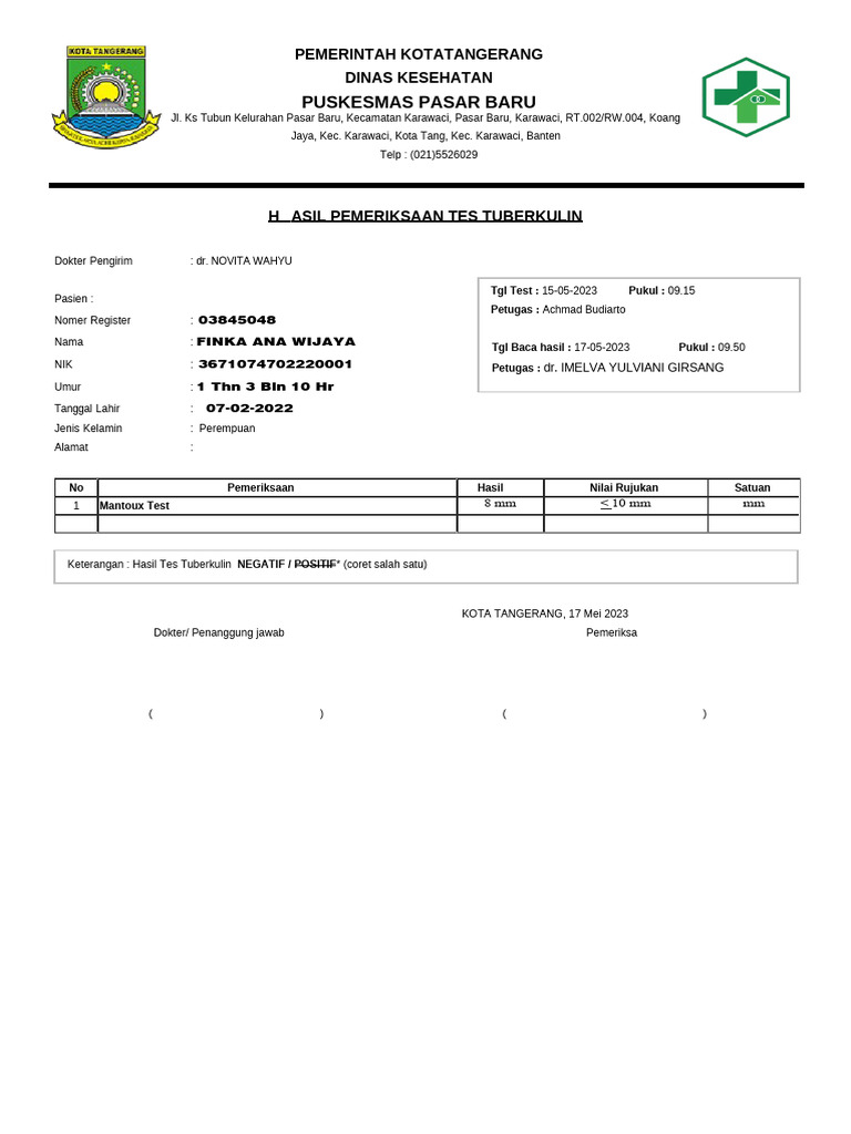 Form Hasil Mantoux Test | PDF