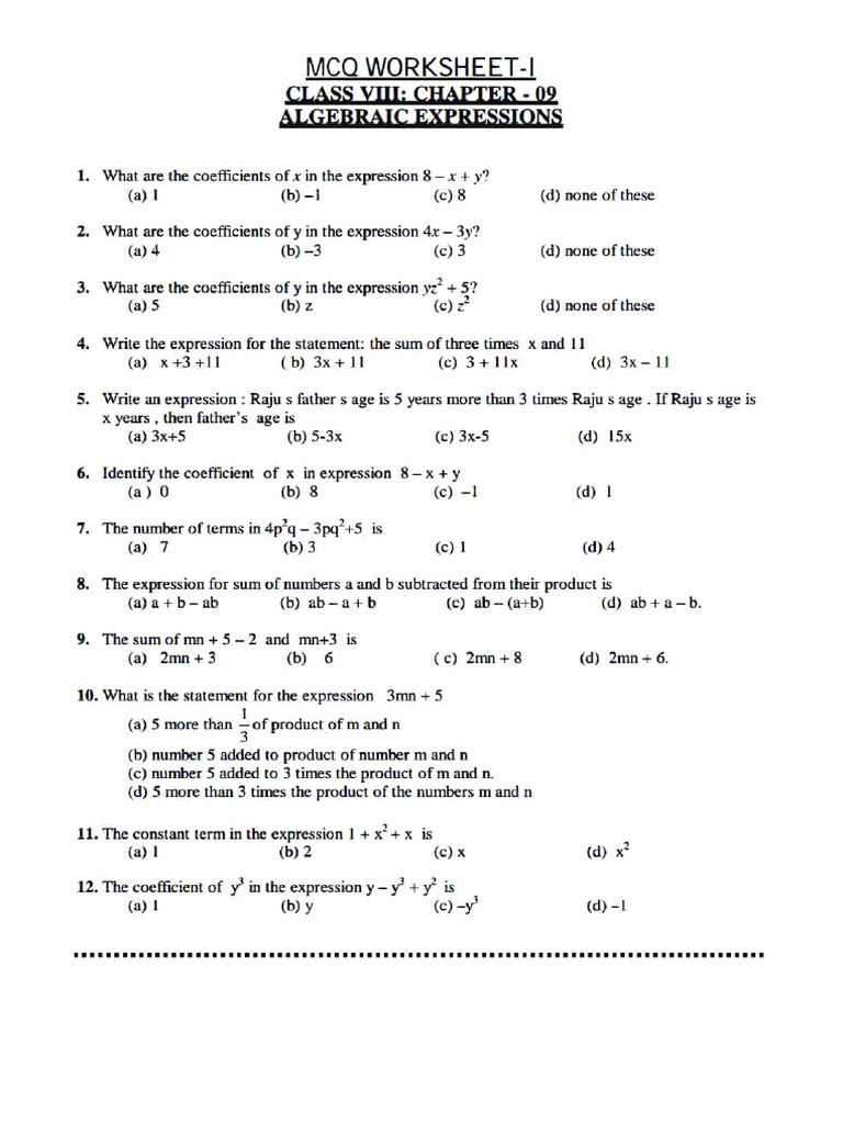 8th Algebraic Expressions Pdf Factorization Elementary Mathematics