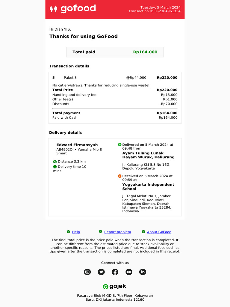 Thanks For Using Gofood: Total Paid | PDF | Payments | Government Finances