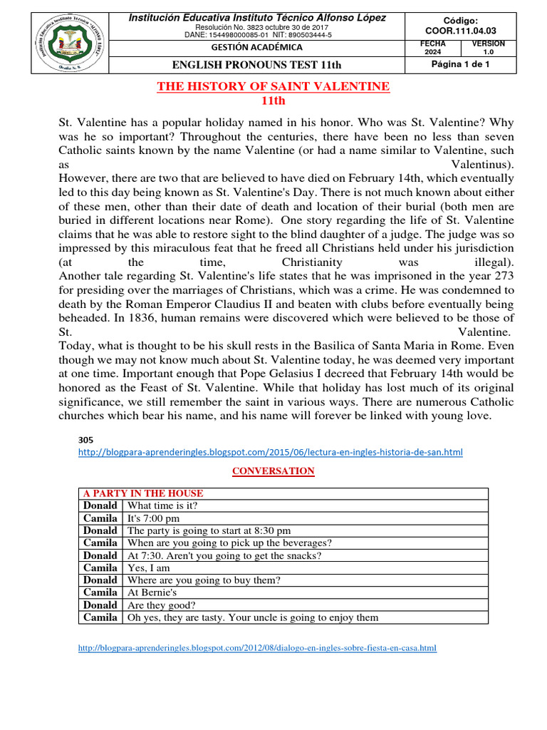 St. Valentine History and English Test | PDF | Catholic Church