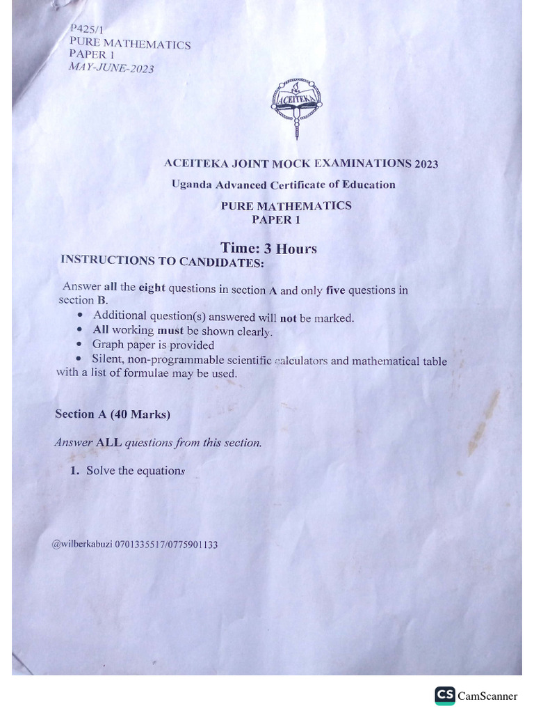 Aceiteka Pure Mathematics 2023 | PDF