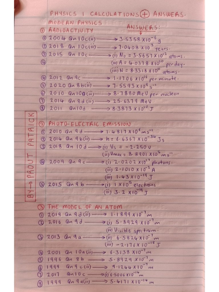 A LEVEL PHYSICS P1 (MODERN PHYSICS) Calculation Qns & Answers - by Prout Patrick. | PDF