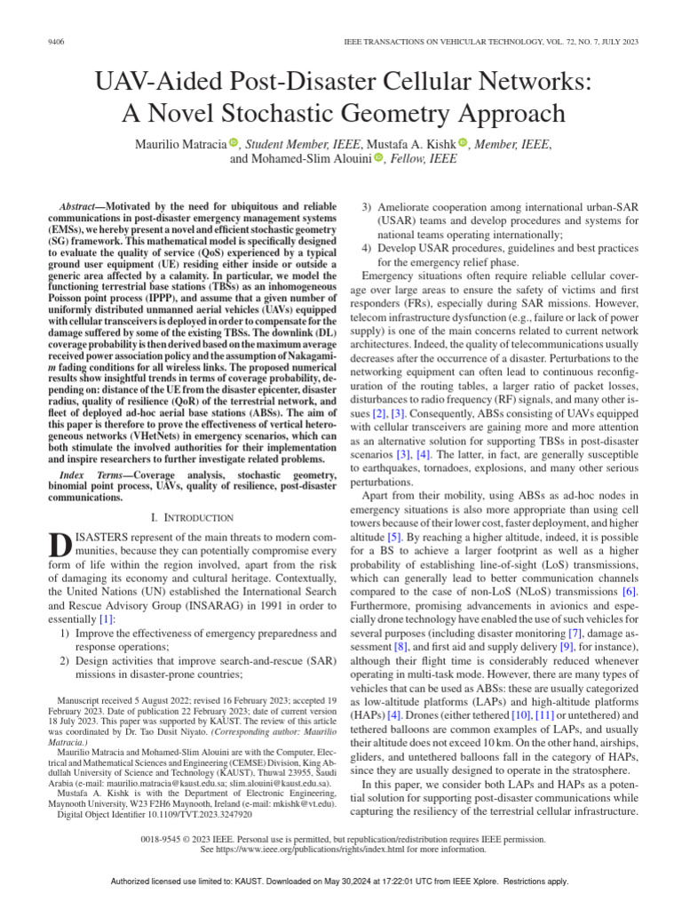 UAV-Aided Post-Disaster Cellular Networks A Novel Stochastic Geometry Approach | PDF | Wireless ...