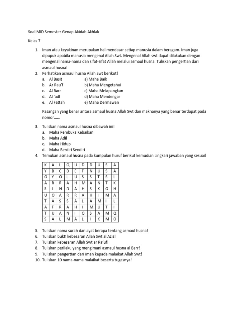 Soal MID Semester Genap AA Dan SKI | PDF | Seni & Disiplin Bahasa | Agama & Spiritualitas