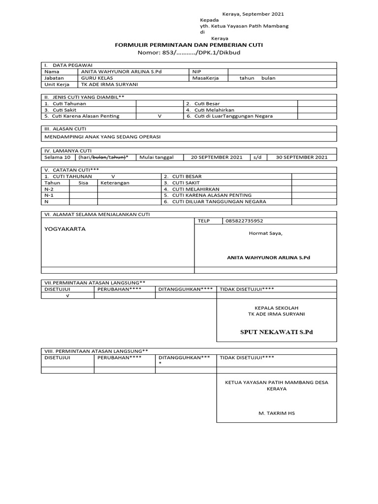 Contoh Cuti Lampiran 1 | PDF
